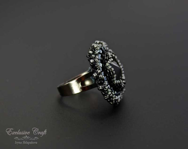 Bead embroidered black Gothic adjustable ring with crystal – Exclusive ...